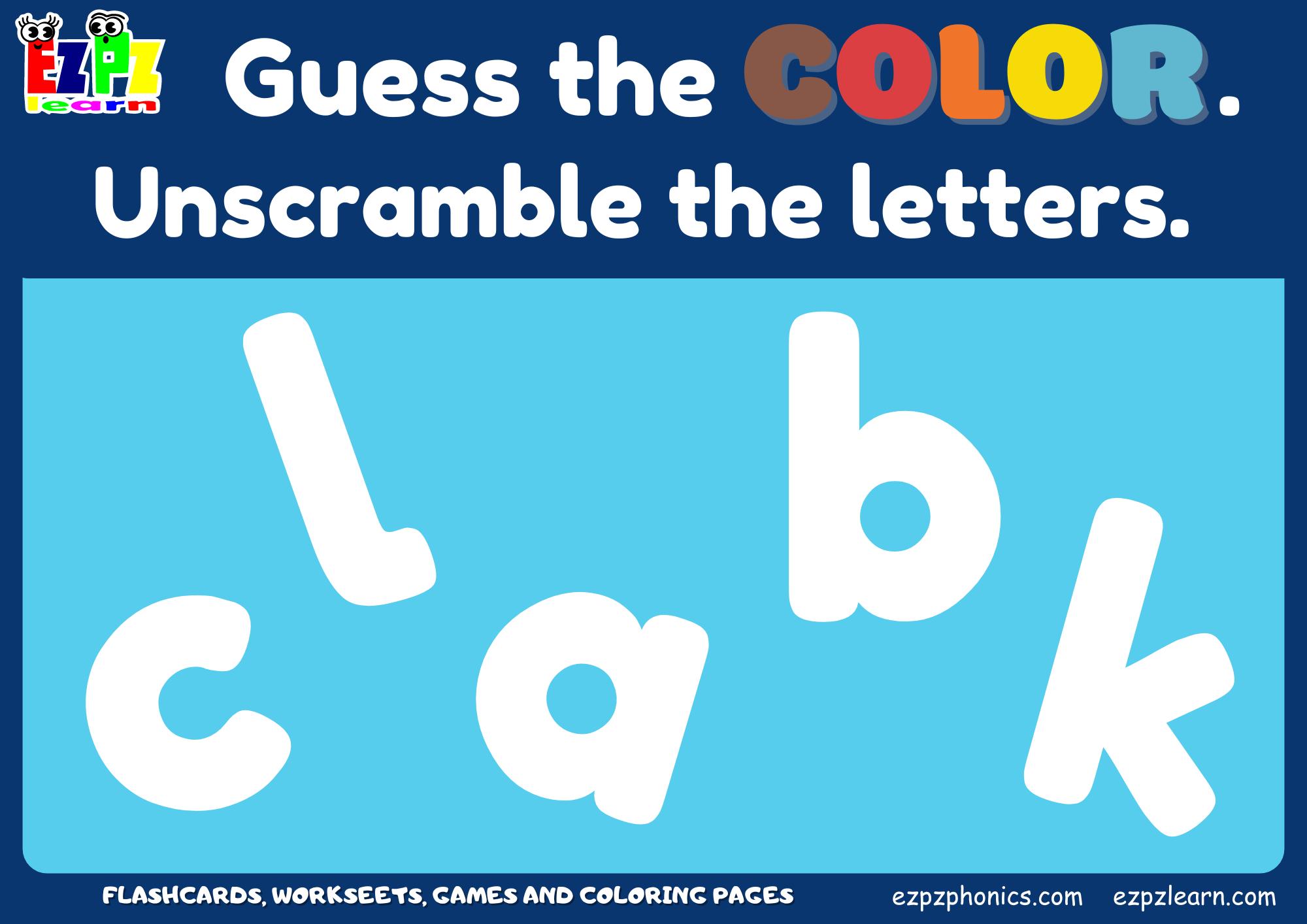 Colors Word Scramble Guessing Game. Great for kids and English language learners. - Ezpzlearn.com